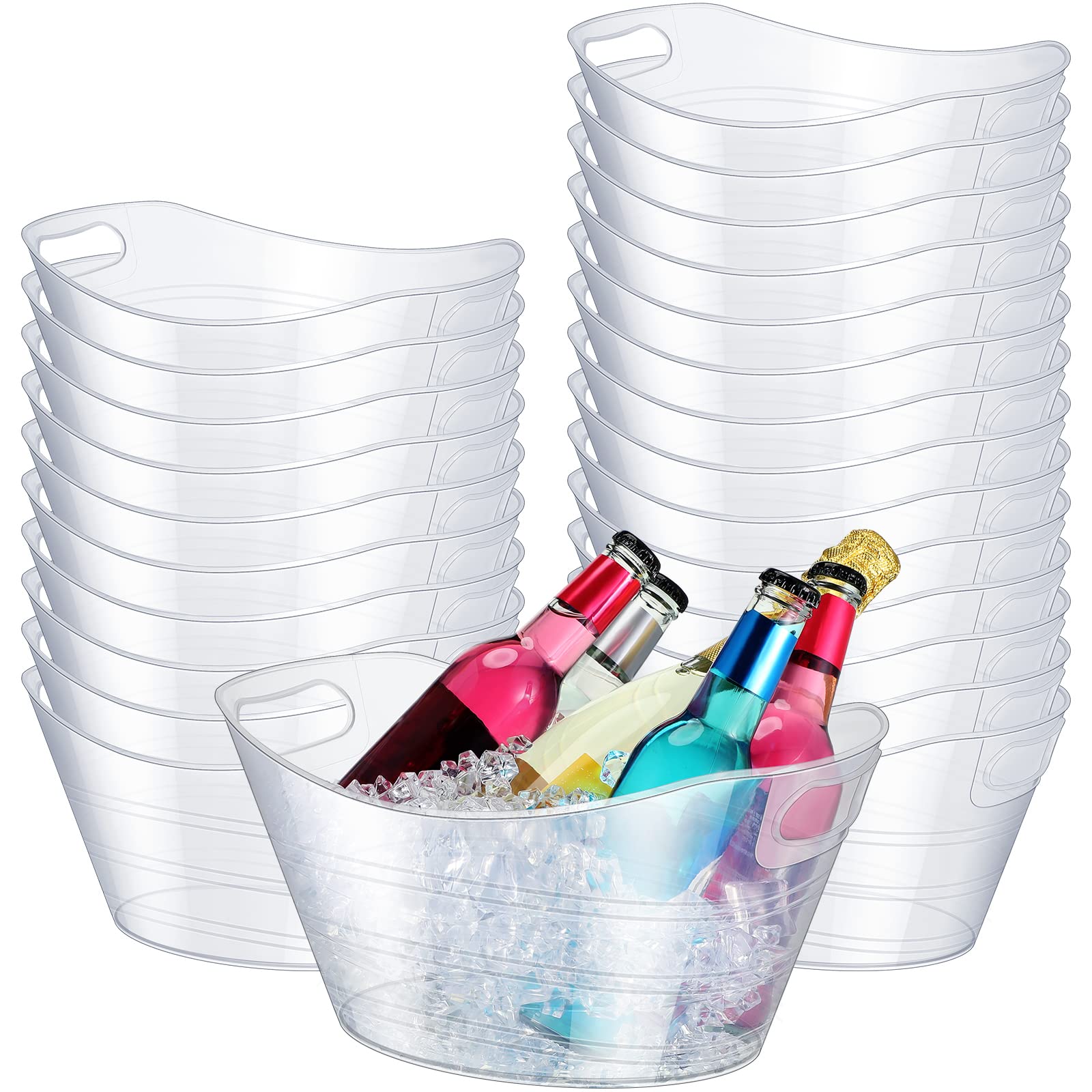 Norme 24 Pcs Oval Storage Tub with Handles, 4.5L Plastic Ice Bucket Wine Beer Champagne Bottle Drink Cooler Tub for Parties Beverage, Storage Basket (Clear,24 Pcs)