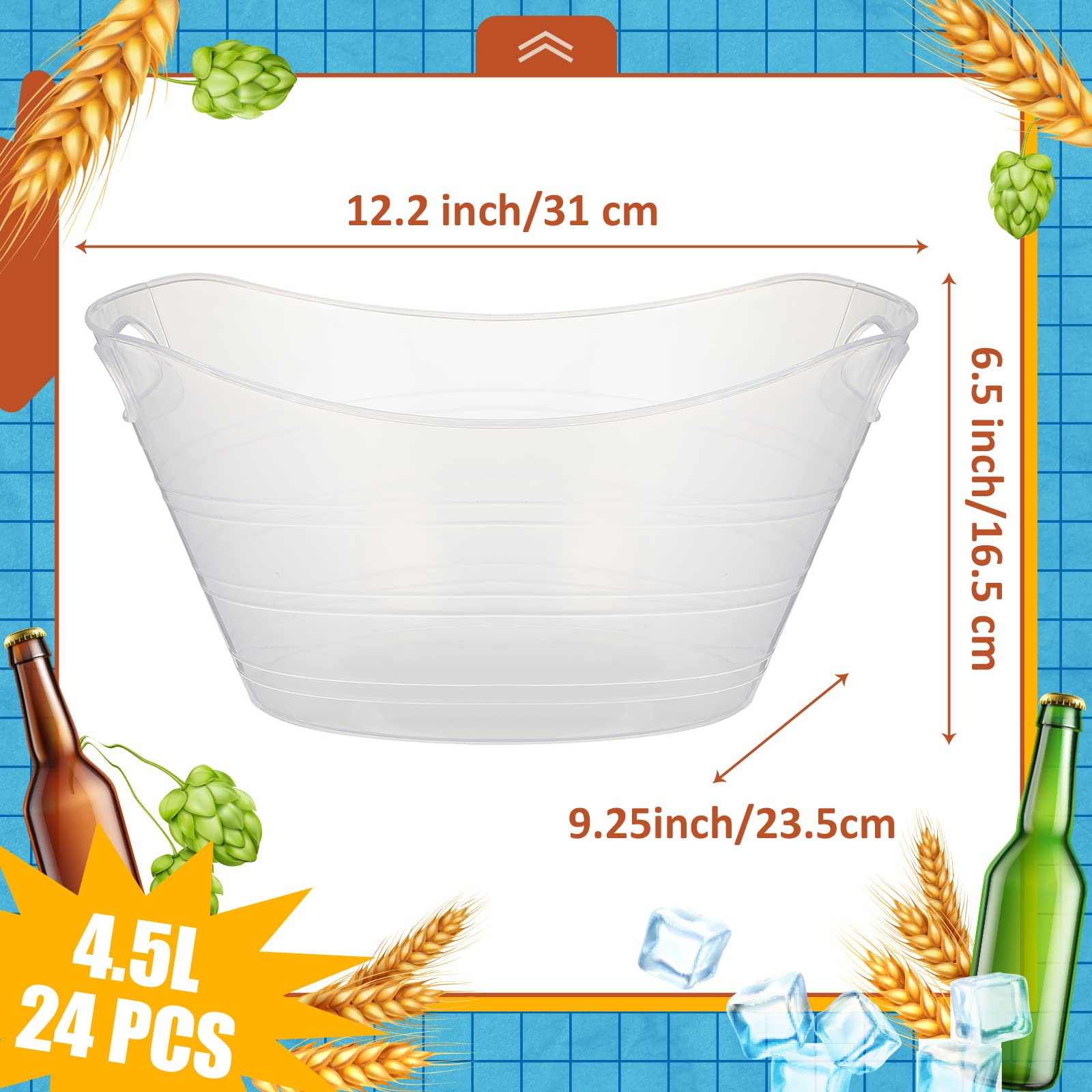 Norme 24 Pcs Oval Storage Tub with Handles, 4.5L Plastic Ice Bucket Wine Beer Champagne Bottle Drink Cooler Tub for Parties Beverage, Storage Basket (Clear,24 Pcs)