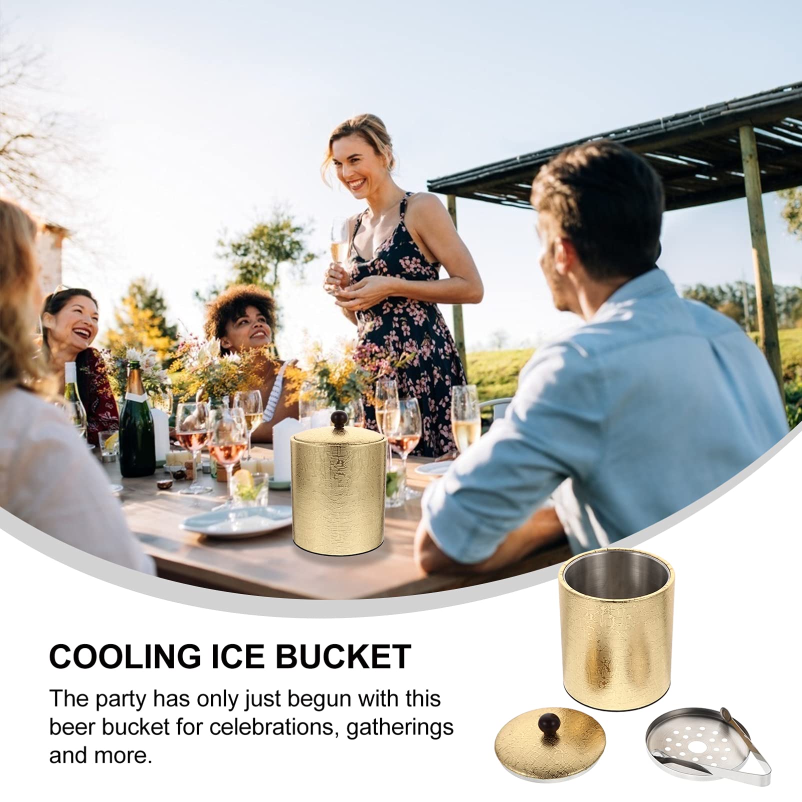 DOITOOL Double Wall Stainless Steel Insulated Ice Bucket with Lid and Ice Tongs for Home Bar Chilling Beer Champagne and Wine Golden