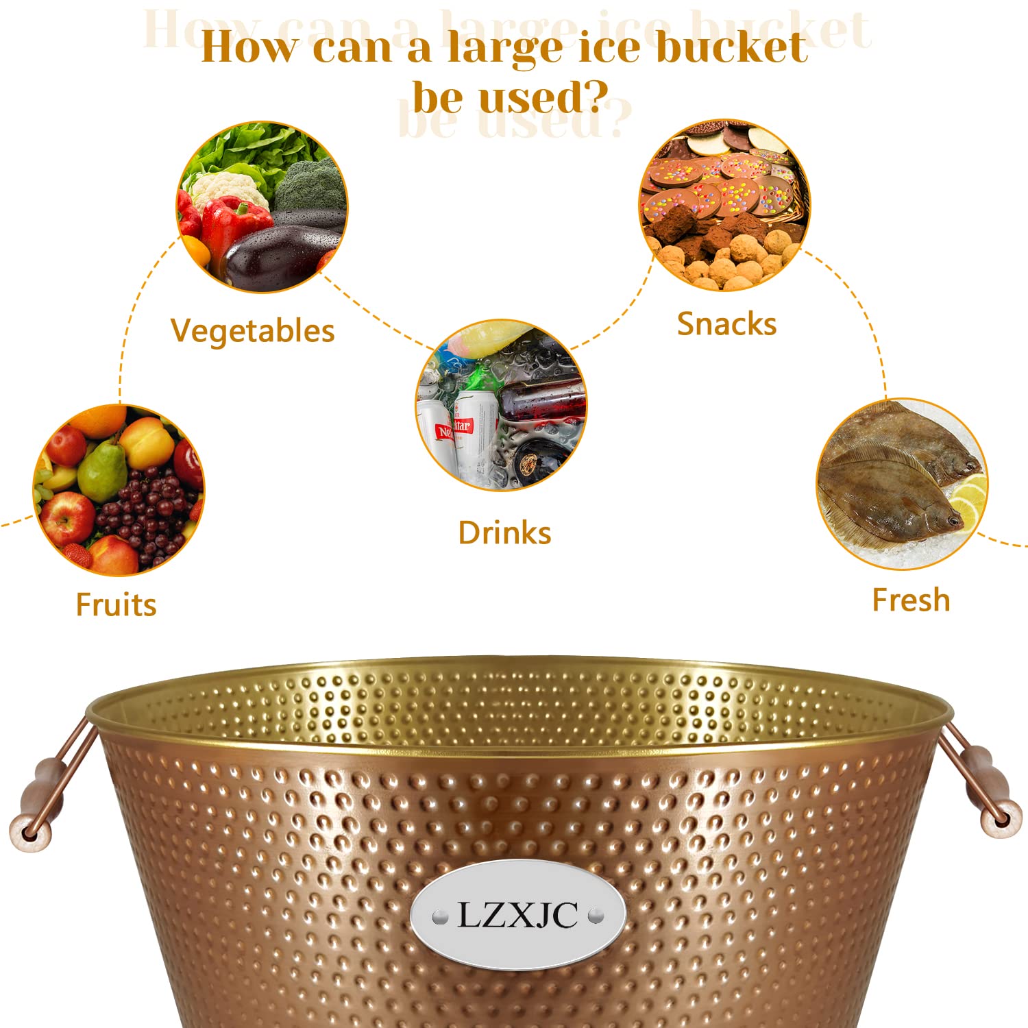 9 Gallons Gold Large Ice Bucket,Ice Bucket for Cocktail Bar,Ice Buckets for Parties,Galvanized Tub,Large Beverage Tub for Home Kitchen Outdoor