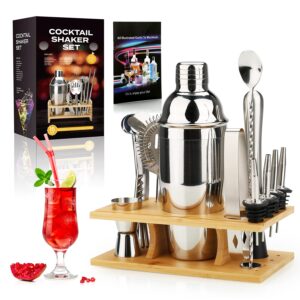 25 oz cocktail shaker set 16 pcs mixology bartender kit with stand - professional stainless steel bartending kit - perfect home bar tool gift set for drink mixing (silver)