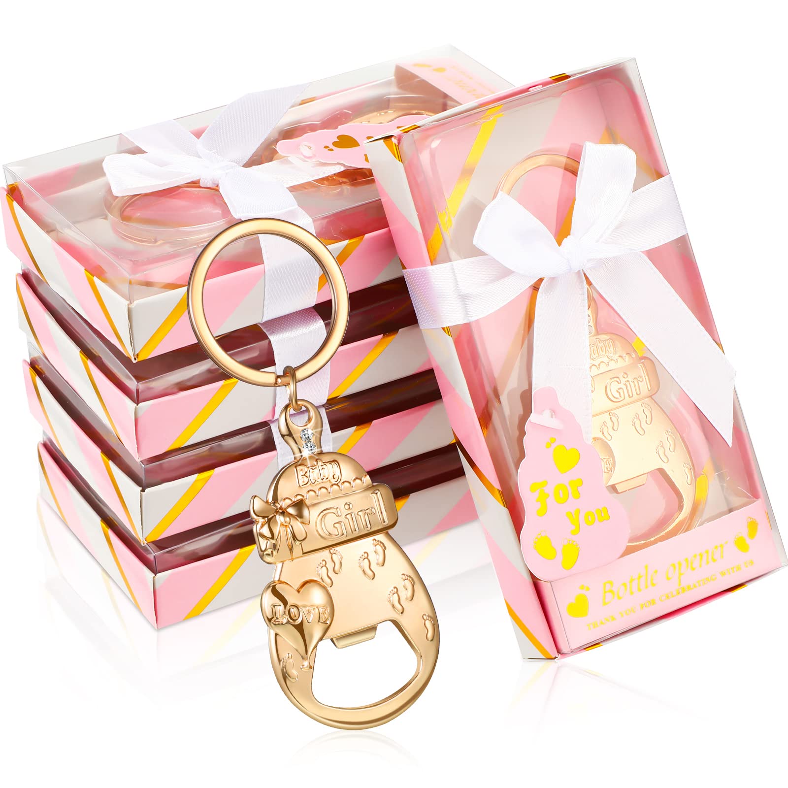 Baby Shower Party Favors Baby Bottle Opener Favors Gold Keychain Gifts Decorations Souvenirs for Girls Boys Guests Baby Birthday Gender Wedding Reveal Bridal Party Decor (Girl, 24 Pcs)