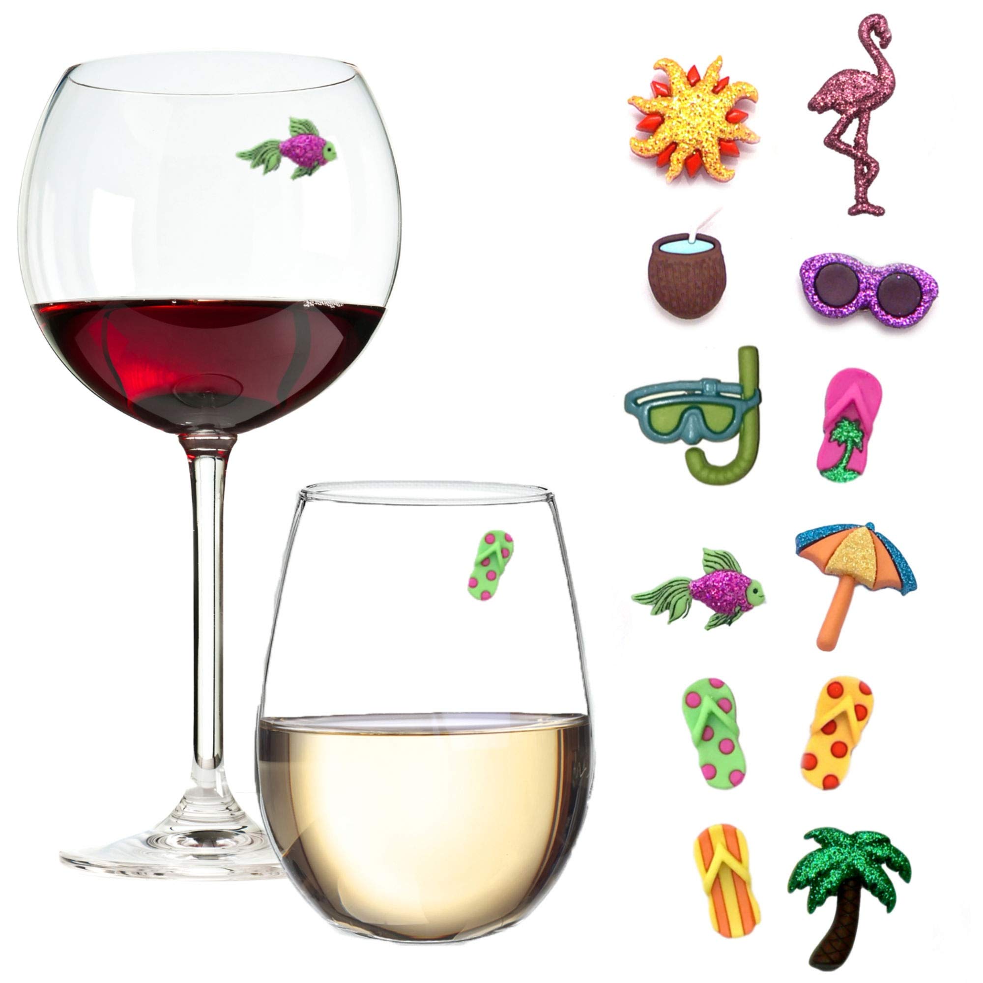 Beach Nautical Wine Glass Charms or Magnetic Markers for Making Your Drink Unique – Set of 12 Summer Glass Identifiers