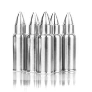 Bullet Whiskey Chillers Stones - 1.75in Whiskey Rocks by The Wine Savant Set of 6 - Stainless Steel Bullet Shaped Ice Cubes, Gift Box Come, Tongs and Storage Bag, Whiskey or Scotch Rocks (Silver)