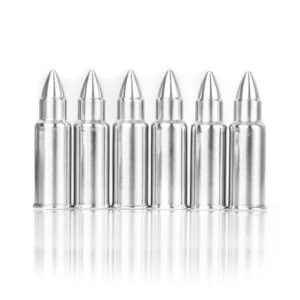 Bullet Whiskey Chillers Stones - 1.75in Whiskey Rocks by The Wine Savant Set of 6 - Stainless Steel Bullet Shaped Ice Cubes, Gift Box Come, Tongs and Storage Bag, Whiskey or Scotch Rocks (Silver)