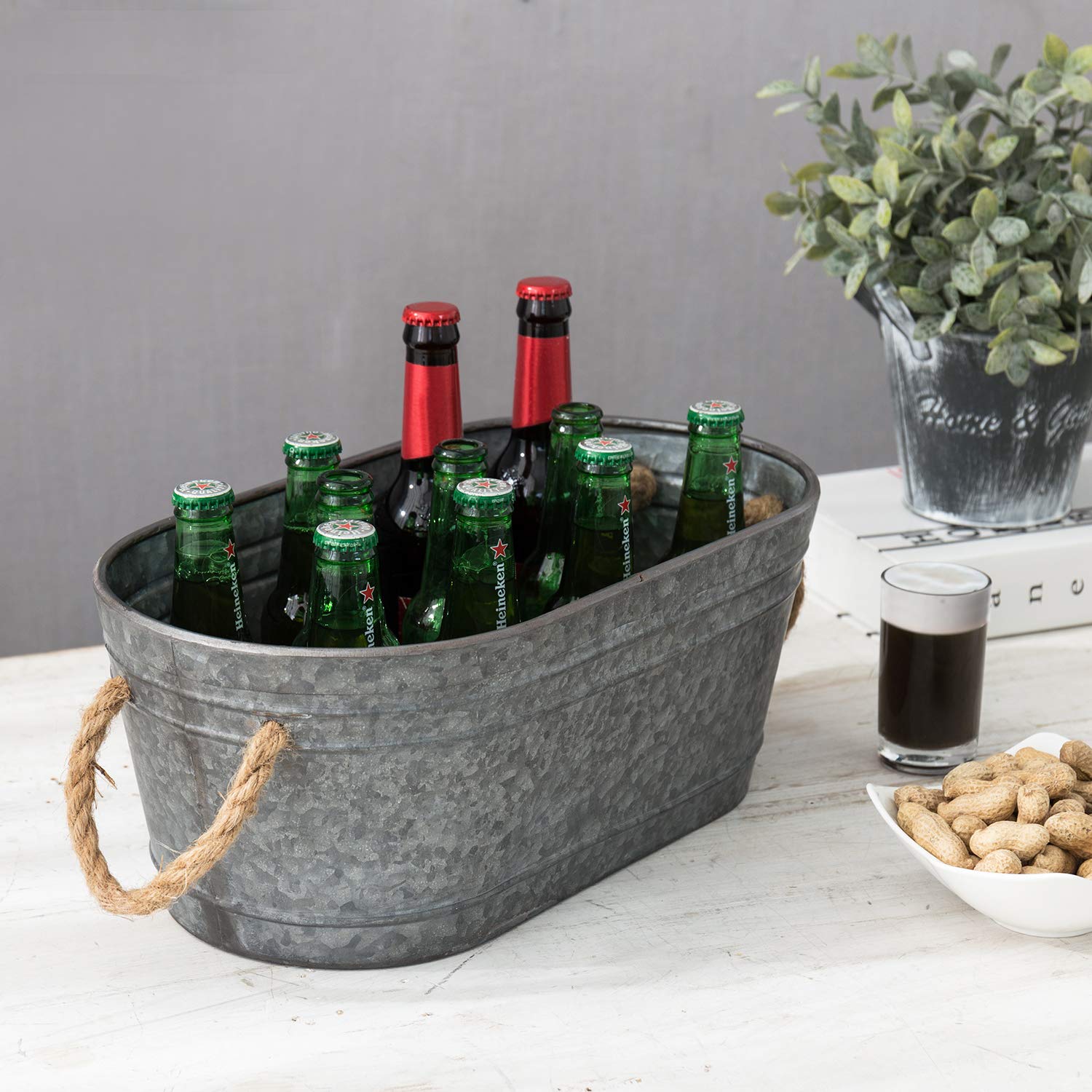 MyGift Rustic Galvanized Metal Beverage Bucket, Party Beverage Tub, Ice Buckets with Rope Handles