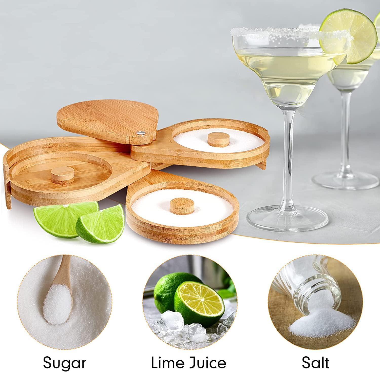 Margarita salt rimmer set bamboo,3-Tiers bar glass rimmer,salt rimmer for cocktails,bar accessories for the home bar set