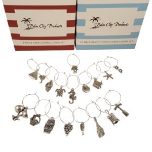 Palm City Products Bundle of Two Wine Charm Sets - 18 Pieces Total, Beach and Wine Themes