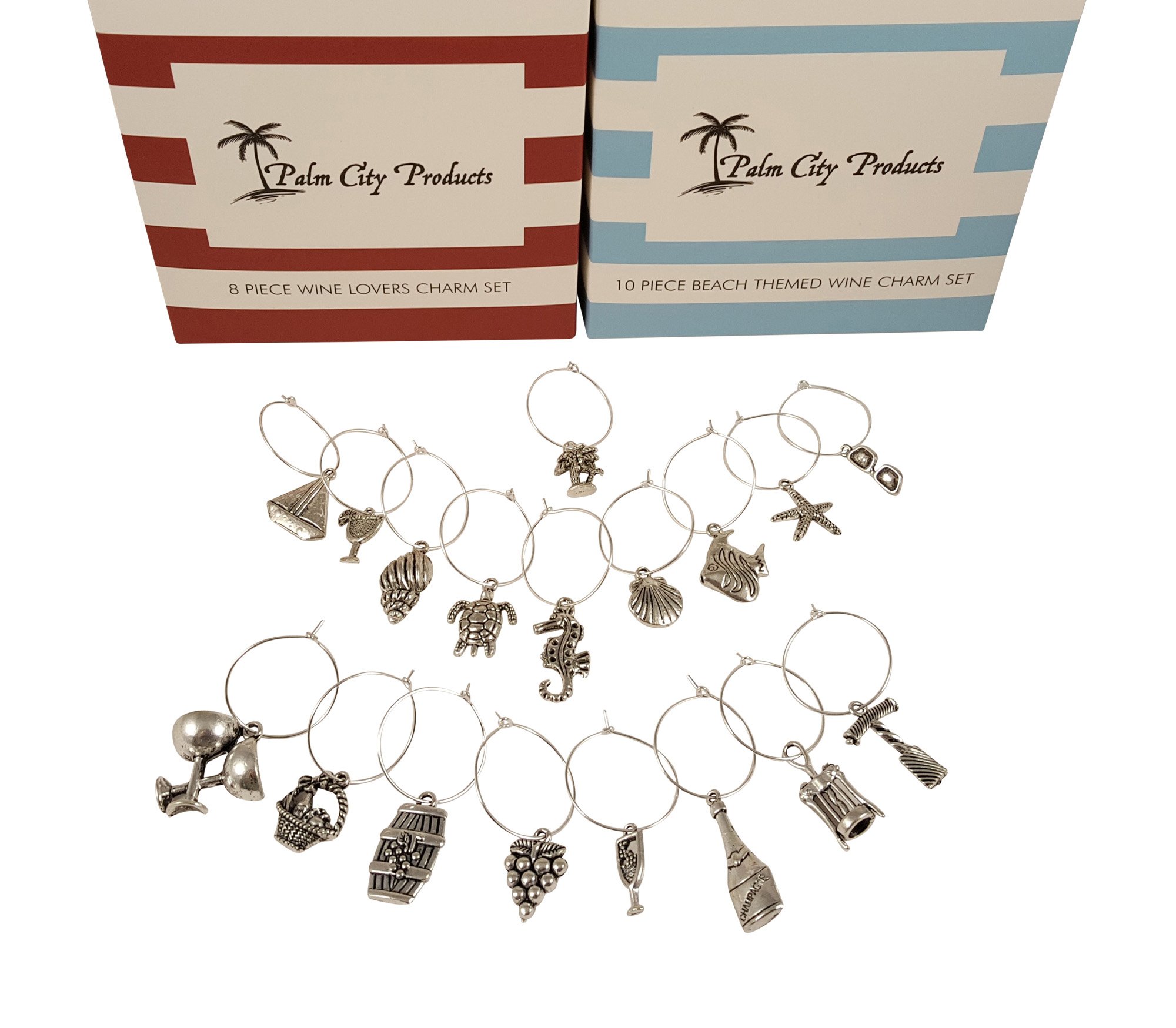 Palm City Products Bundle of Two Wine Charm Sets - 18 Pieces Total, Beach and Wine Themes