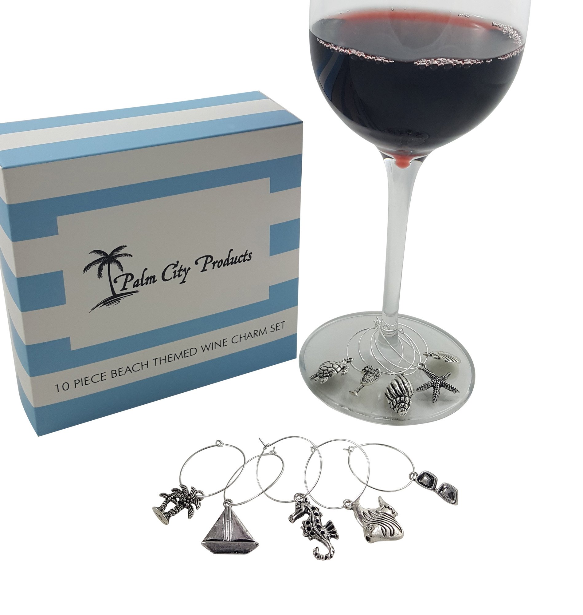 Palm City Products Bundle of Two Wine Charm Sets - 18 Pieces Total, Beach and Wine Themes