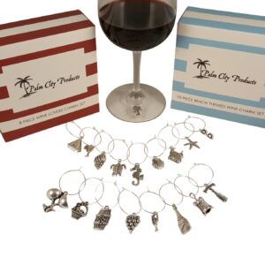 Palm City Products Bundle of Two Wine Charm Sets - 18 Pieces Total, Beach and Wine Themes