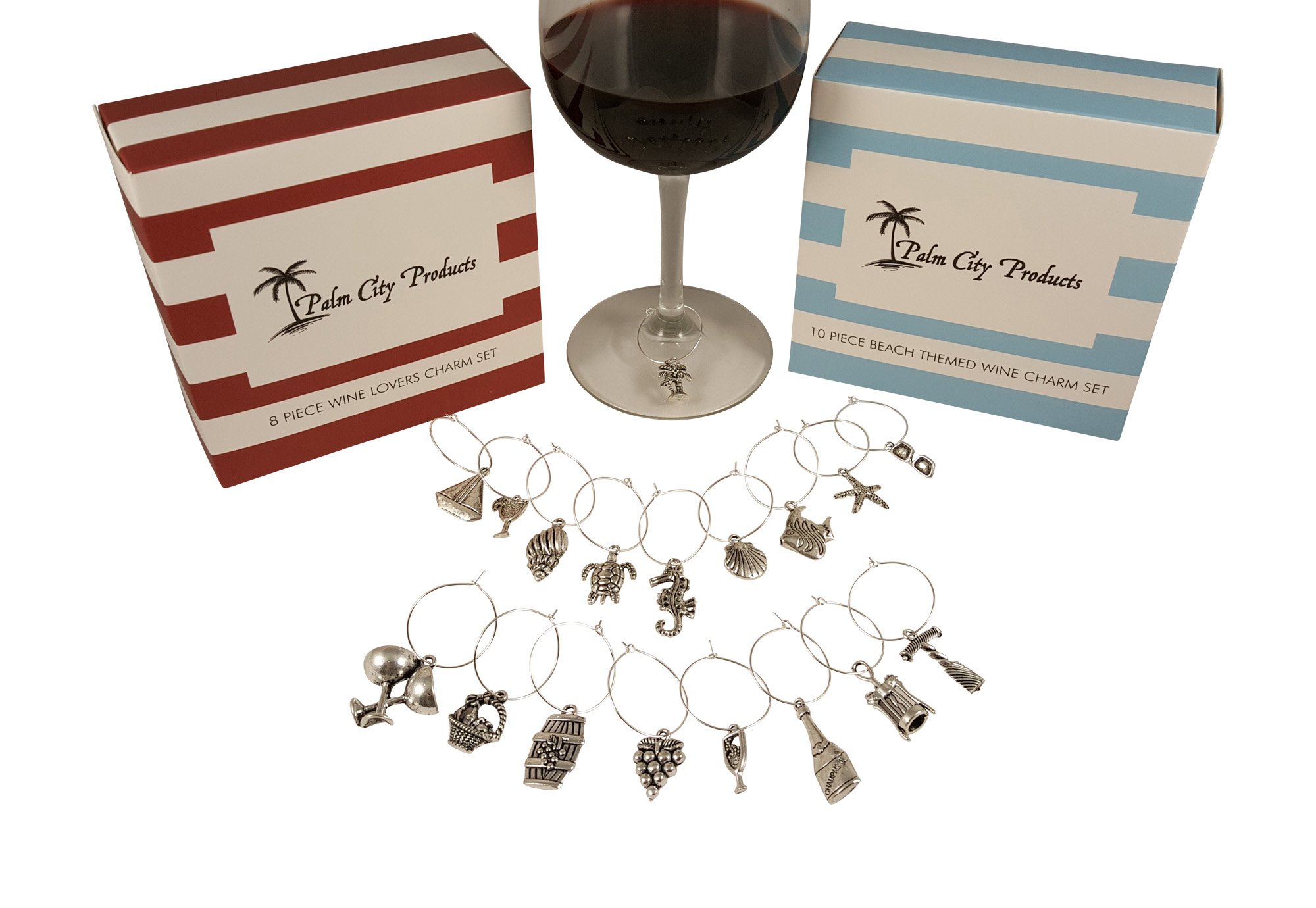 Palm City Products Bundle of Two Wine Charm Sets - 18 Pieces Total, Beach and Wine Themes