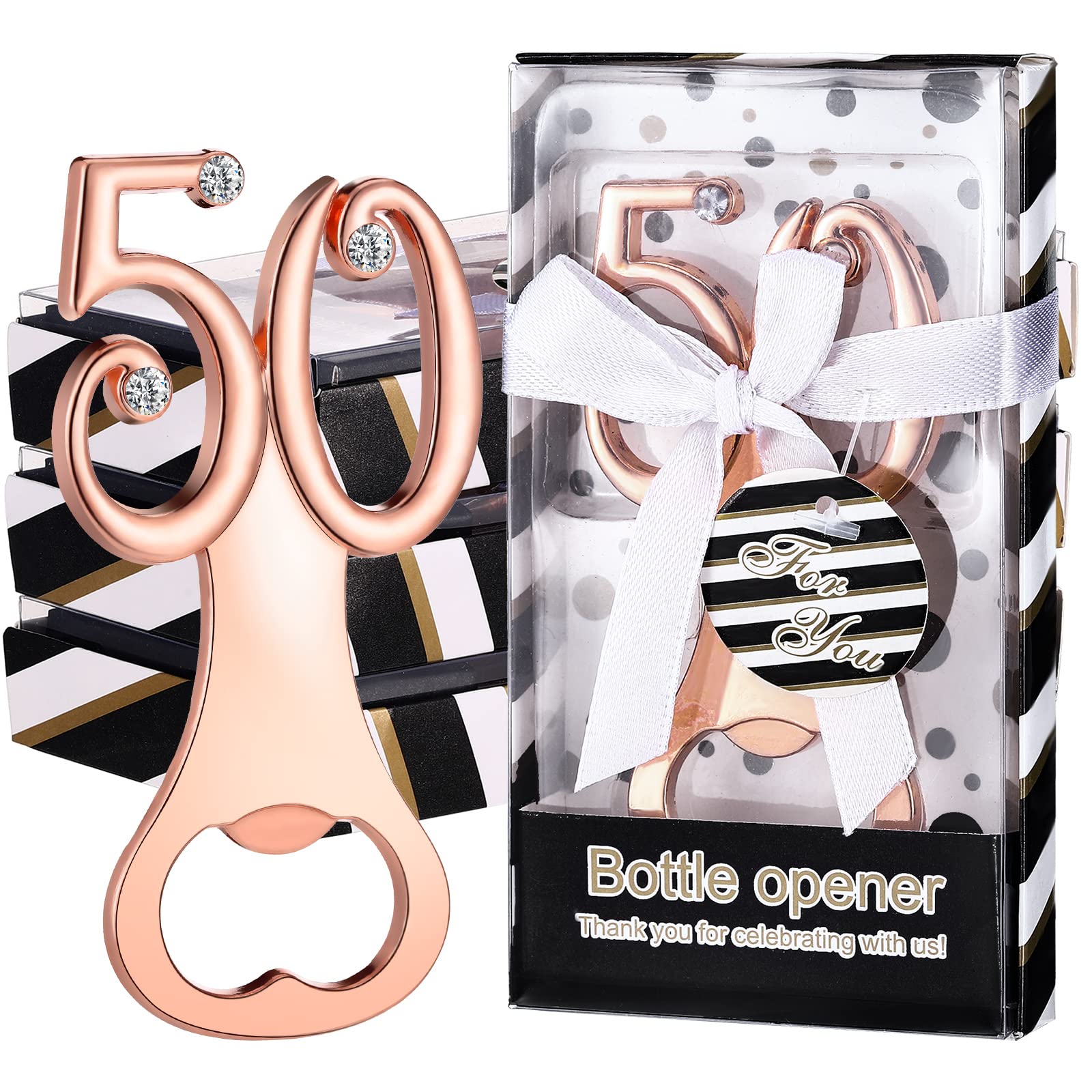 Nuenen 24 Pcs Rose Gold Birthday Bottle Opener Rhinestones Wedding Anniversaries Souvenirs Gift Boxed Elegant Party Favors for Adults Birthday Party Favors for Guests Gifts Party Decor (50th)