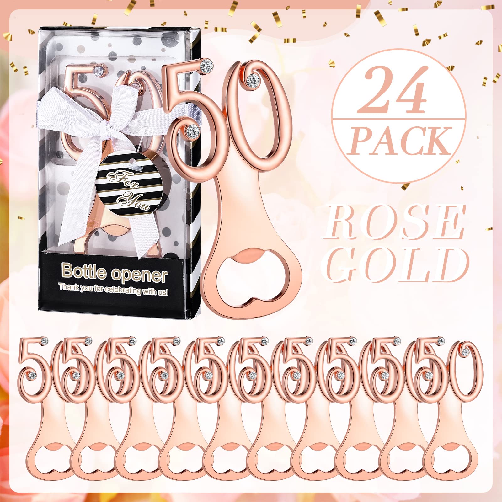 Nuenen 24 Pcs Rose Gold Birthday Bottle Opener Rhinestones Wedding Anniversaries Souvenirs Gift Boxed Elegant Party Favors for Adults Birthday Party Favors for Guests Gifts Party Decor (50th)