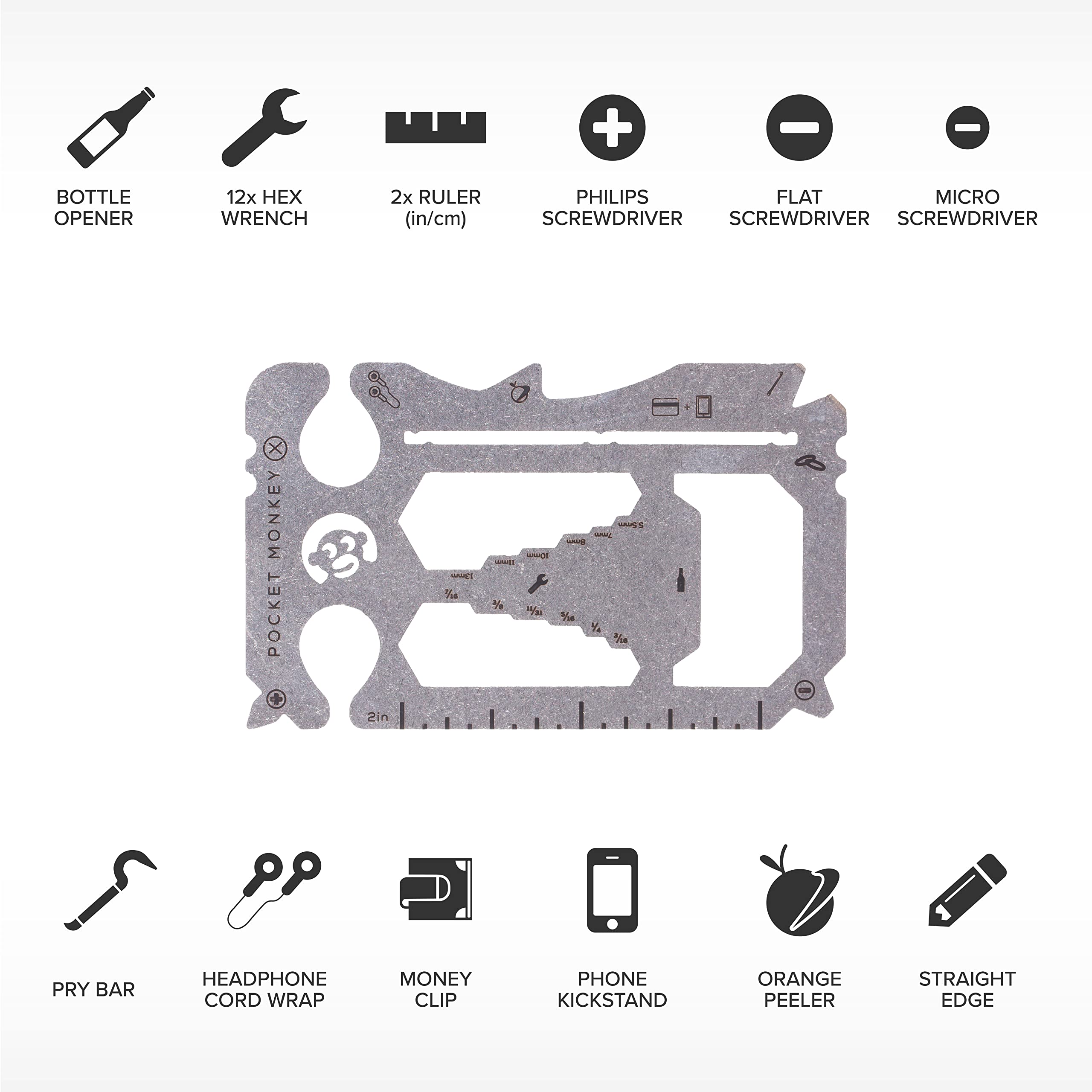 Wallet Multi-Tool, Pocket Monkey X Credit Card Tool, Bottle Opener, Stainless Steel, MADE IN USA