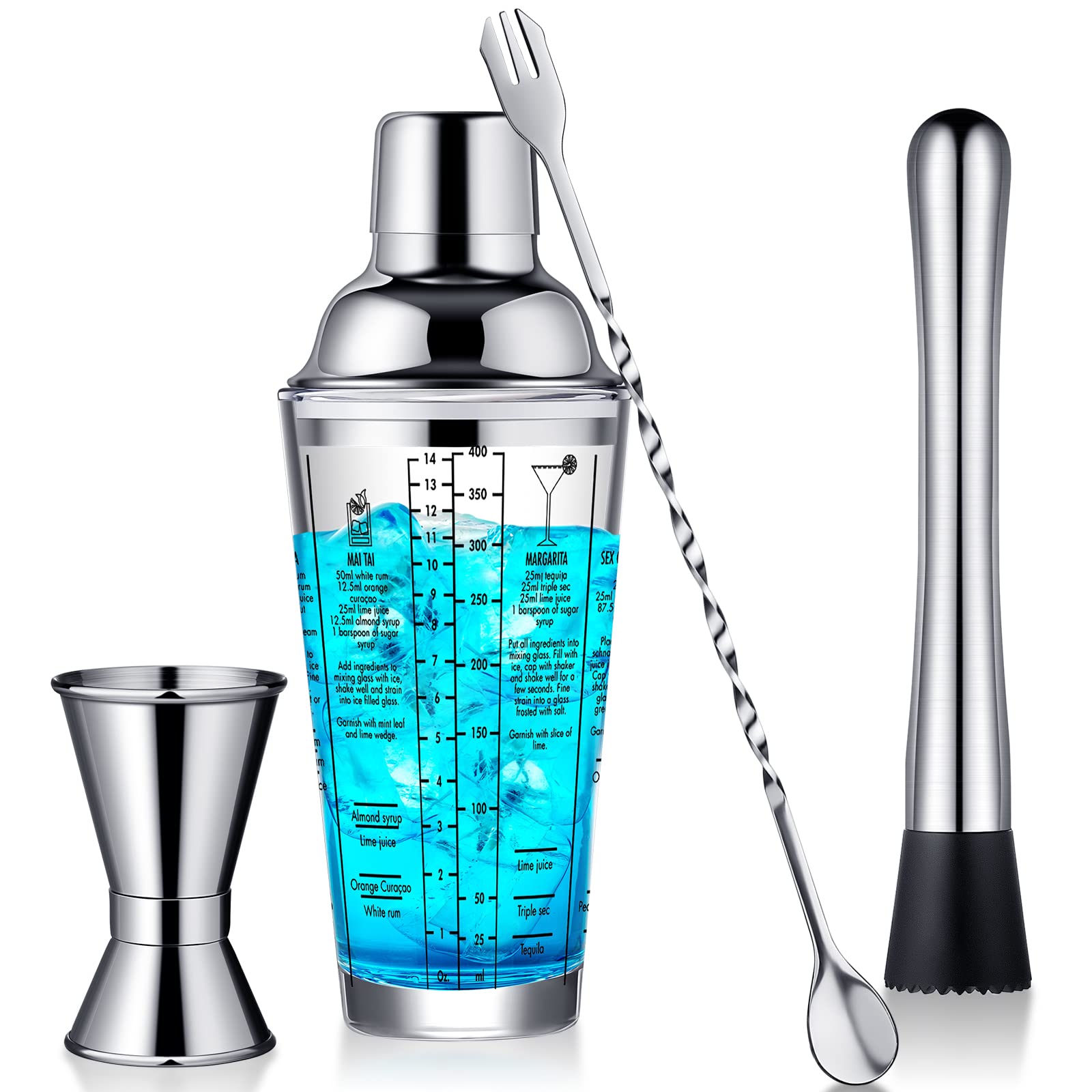 Rtteri 4 Pcs Cocktail Shaker Set 14 oz Martini Glass Shaker Cup Stainless Steel Drink Shaker Tool Margarita Bartender Kit Cocktail Mixers with Measuring Jigger Mixing Spoon Muddler for Bar Accessories