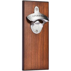 bruntmor wall mount bottle opener - 7.87" x 2.75" x 0.55" portable mountable beer opener - wooden magnetic beer cap catcher - auto-catch cap function & space-saver - vintage beer caddy for men & dad