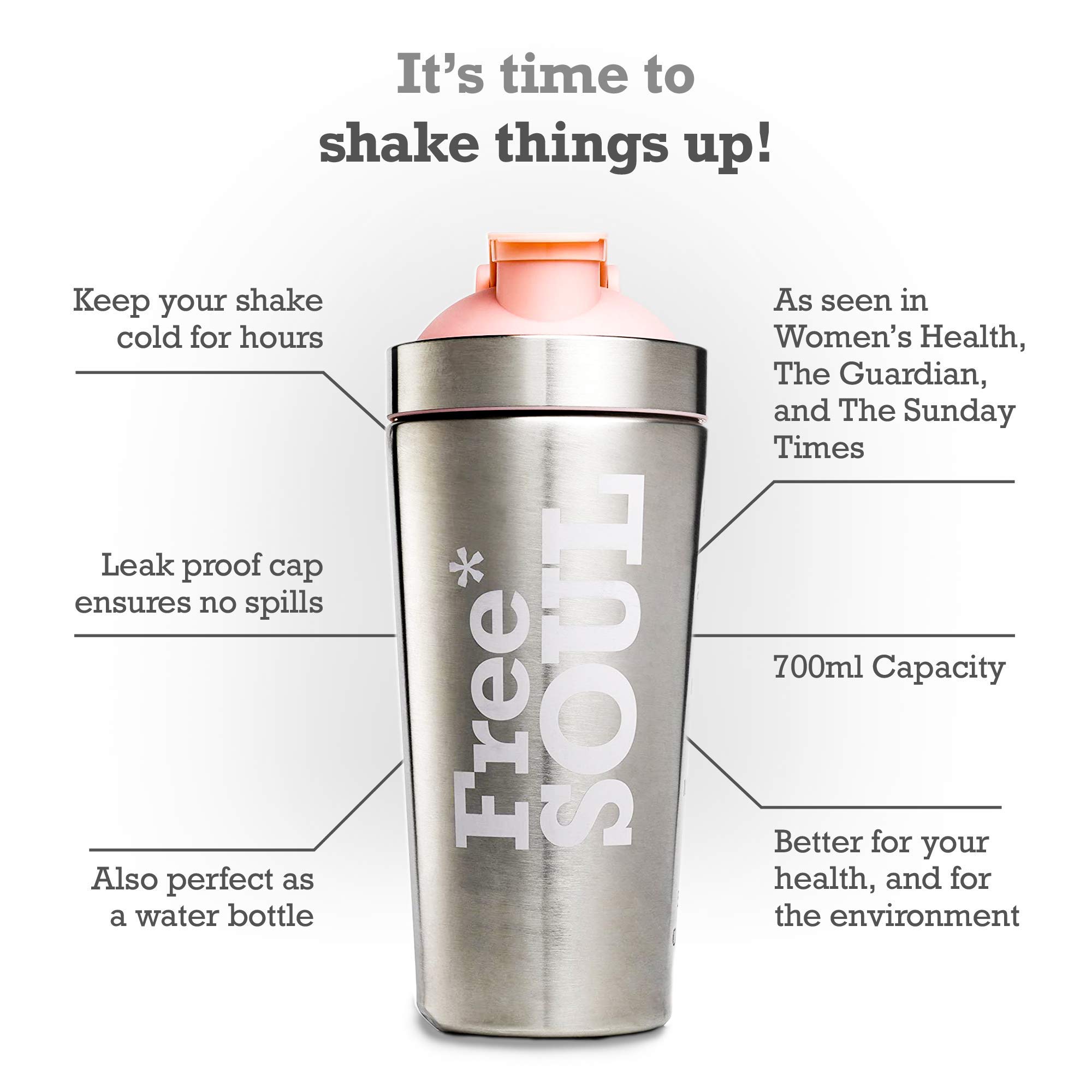 Steel Protein Shaker Bottle 24-Ounce | 700ml Stainless Steel Metal BPA Free | No Plastic Smell | Leak Proof | in-Built Grill for Lump-Free Mixing | Wash by Hand | Free Soul