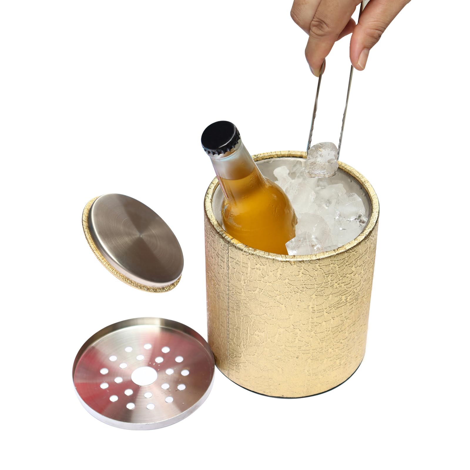 YOMQLJXB Ice Buckets for Parties/Champagne Bucket,Stainless Steel Double Walled Ice Bucket with Tongs & Seal Lid(1.3L) for Bar,Wine,Kitchen,Home, Coolers,Drinks (Gold)