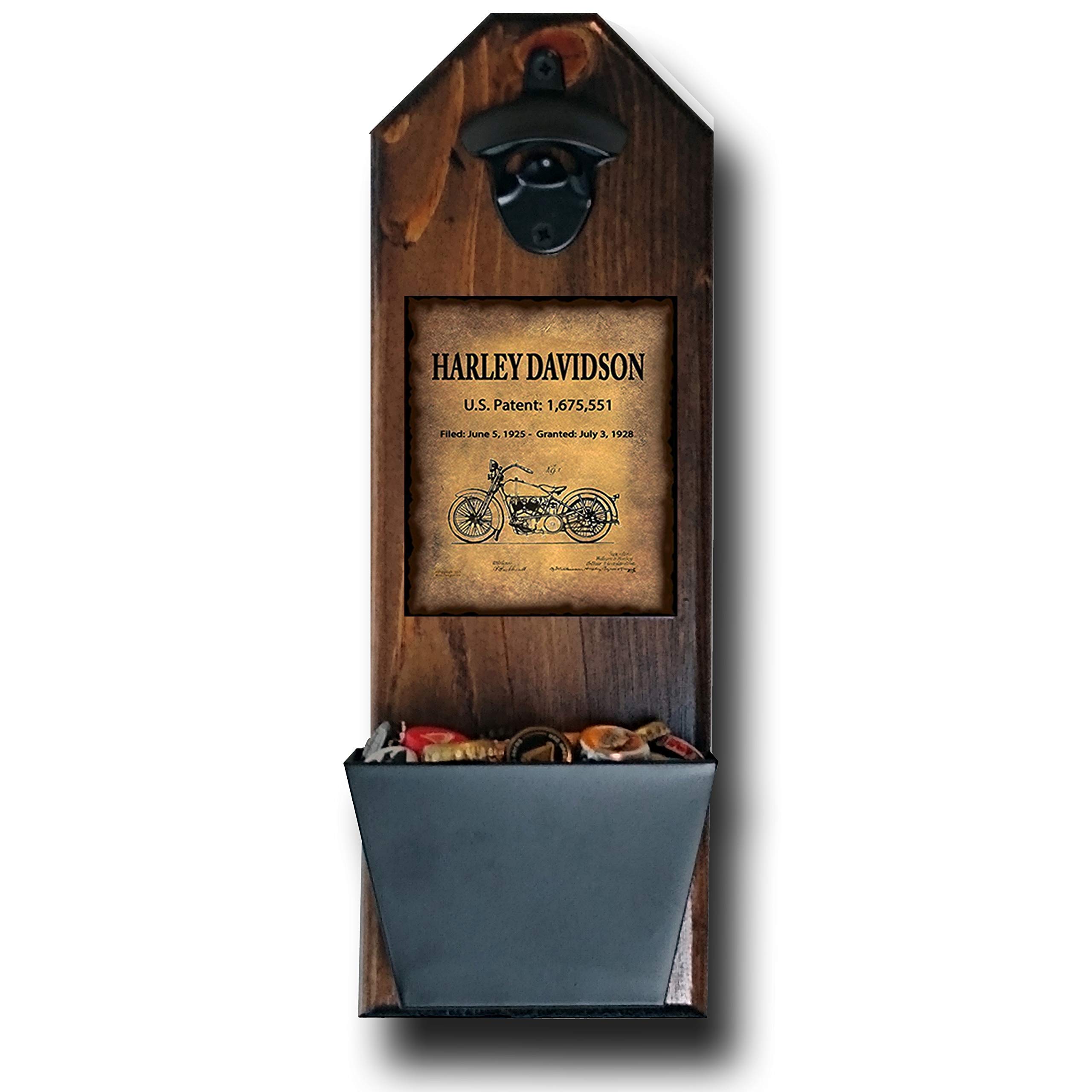 Harley Davidson Inspired - Motorcycle Patent of Vintage Bike Wall Mounted Bottle Opener and Cap Catcher - Made of 100% Solid Pine 3/4" Thick - Rustic Sign