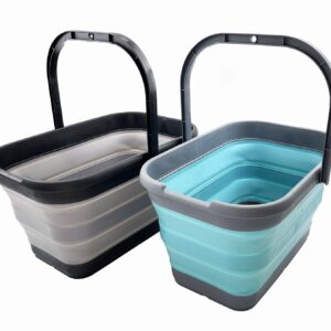 SAMMART 12L (3.1 Gallon) Collapsible Rectangular Handy Basket/Bucket/Multiuse Foldable Water Pail for Camping, Fishing (Alloy Grey + Crystal Blue (Set of 2))