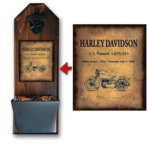 Harley Davidson Inspired - Motorcycle Patent of Vintage Bike Wall Mounted Bottle Opener and Cap Catcher - Made of 100% Solid Pine 3/4" Thick - Rustic Sign