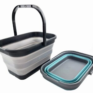 SAMMART 12L (3.1 Gallon) Collapsible Rectangular Handy Basket/Bucket/Multiuse Foldable Water Pail for Camping, Fishing (Alloy Grey + Crystal Blue (Set of 2))