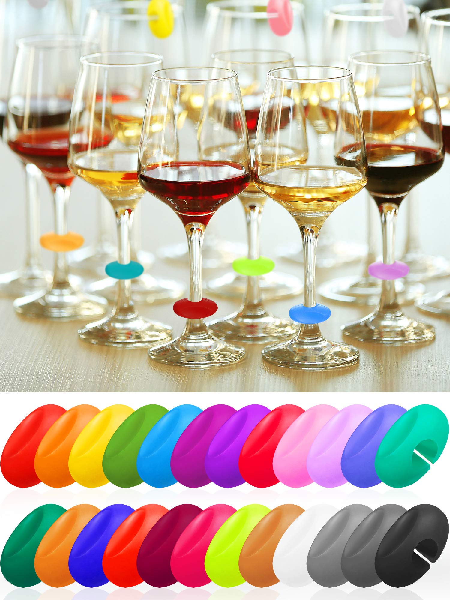 Maitys 24 Pieces Wine Glass Charms Markers Silicone Drink Markers for Wine Glass Champagne Flutes Cocktails, Martinis,Stem Glasses Tasting Party Christmas New Year Party