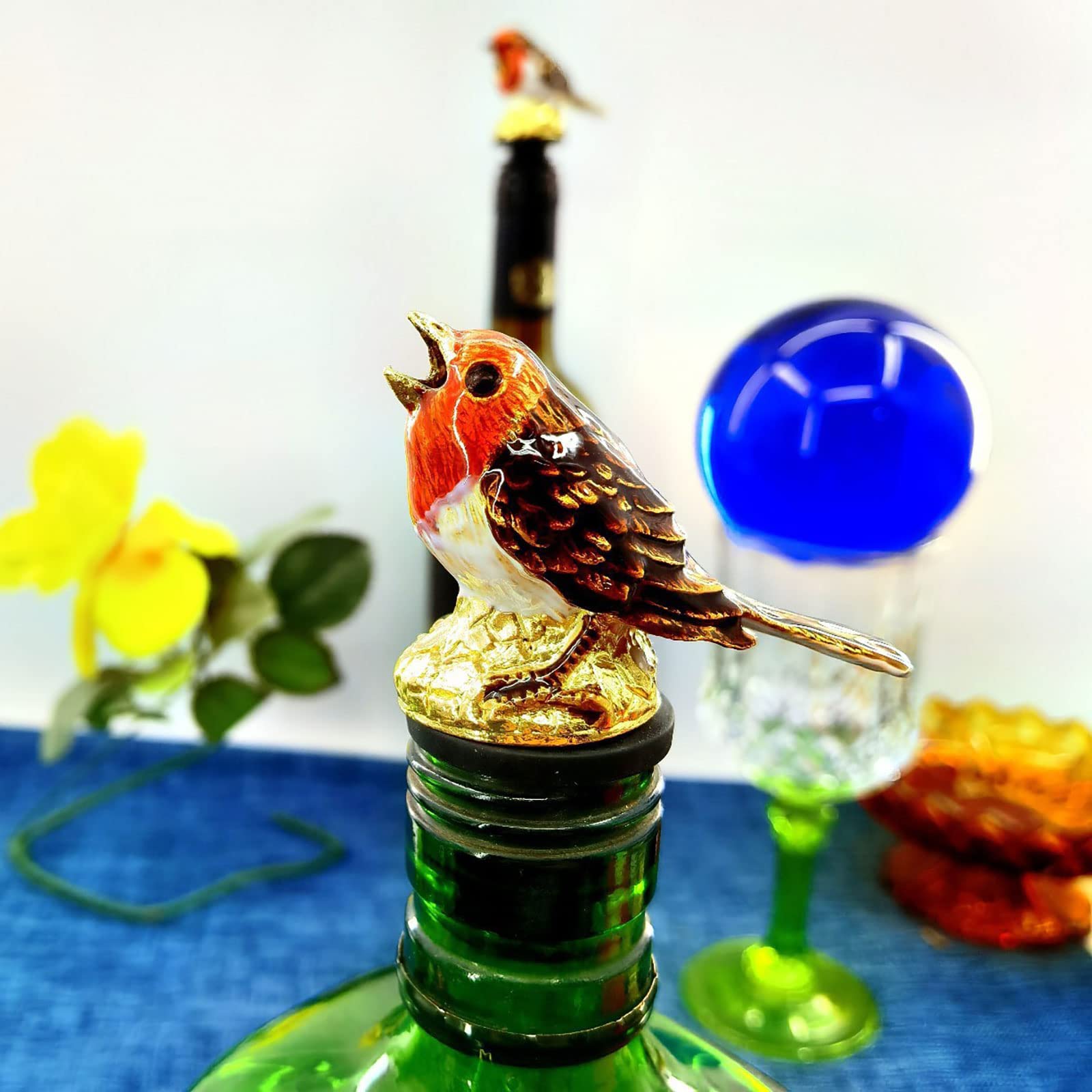 Wine Aerator Pourer, Enamel Glaze Colorful Bird Liqour Pourer with Bottle Stopper Retro Style Premium Stainless Steel Wine Pourer Bottle Pour Spout Stopper