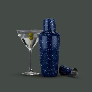 Foster & Rye Camping-Style Speckled Enamel Cobbler Cocktail Shaker & Double Jigger Set - Martini Margarita Drink Shakers, Bartender Accessories, Cocktail Set Bartender Kit, Stainless Steel, 26 oz