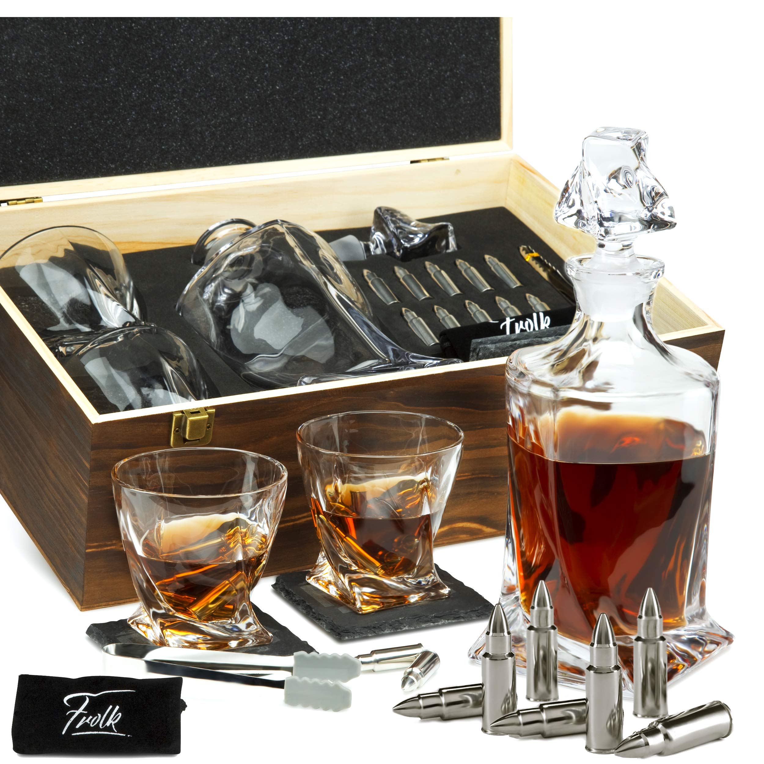 Whiskey Decanter and Stones Gift Set for Men - Whiskey Decanter, 2 Twisted Whiskey Glasses, 10 Stainless Steel Stones, 2 Slate Coasters, Tongs & Freezer Pouch in Wooden Gift Box