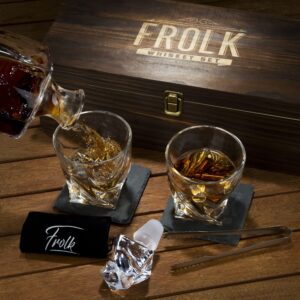 Whiskey Decanter and Stones Gift Set for Men - Whiskey Decanter, 2 Twisted Whiskey Glasses, 10 Stainless Steel Stones, 2 Slate Coasters, Tongs & Freezer Pouch in Wooden Gift Box