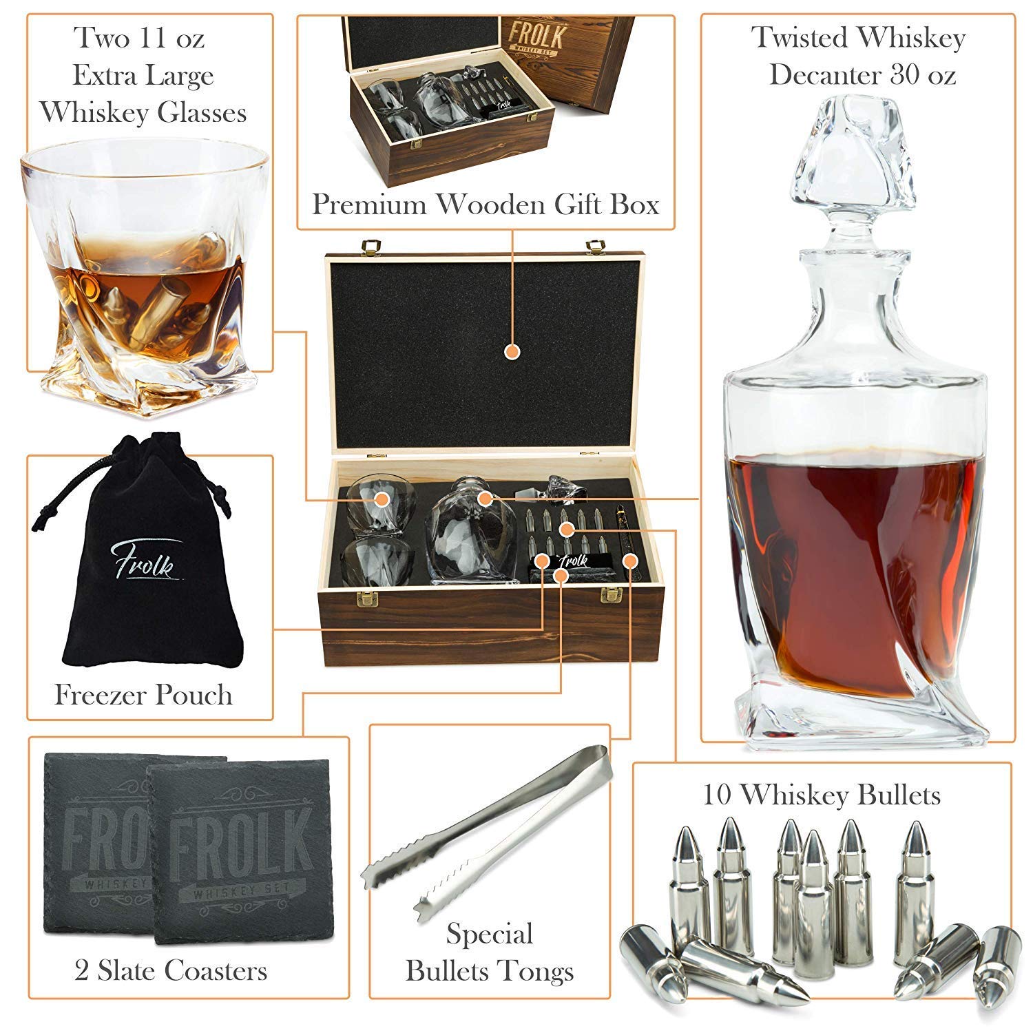 Whiskey Decanter and Stones Gift Set for Men - Whiskey Decanter, 2 Twisted Whiskey Glasses, 10 Stainless Steel Stones, 2 Slate Coasters, Tongs & Freezer Pouch in Wooden Gift Box