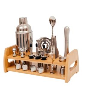 Cocktail Mixology Shaker Set - Bartender Kit with an Elegant Bamboo Stand - Bar Accessories Kit Including a Martini Shaker, Bar Jigger, Syrup Dispenser & Mixer Recipe Book