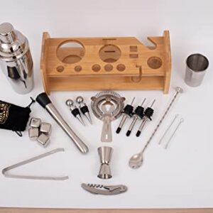 Cocktail Mixology Shaker Set - Bartender Kit with an Elegant Bamboo Stand - Bar Accessories Kit Including a Martini Shaker, Bar Jigger, Syrup Dispenser & Mixer Recipe Book