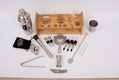 Cocktail Mixology Shaker Set - Bartender Kit with an Elegant Bamboo Stand - Bar Accessories Kit Including a Martini Shaker, Bar Jigger, Syrup Dispenser & Mixer Recipe Book