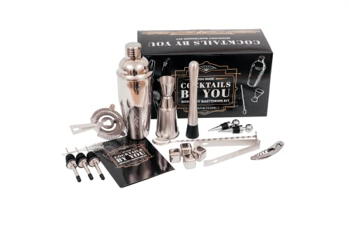 Cocktail Mixology Shaker Set - Bartender Kit with an Elegant Bamboo Stand - Bar Accessories Kit Including a Martini Shaker, Bar Jigger, Syrup Dispenser & Mixer Recipe Book