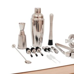 Cocktail Mixology Shaker Set - Bartender Kit with an Elegant Bamboo Stand - Bar Accessories Kit Including a Martini Shaker, Bar Jigger, Syrup Dispenser & Mixer Recipe Book