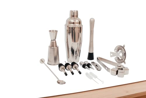 Cocktail Mixology Shaker Set - Bartender Kit with an Elegant Bamboo Stand - Bar Accessories Kit Including a Martini Shaker, Bar Jigger, Syrup Dispenser & Mixer Recipe Book