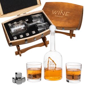 Large Barrel Bar Gift Set for Men in Beautiful Handcrafted Whiskey Gift Box | Liquor & Wine Decanter, 8 Whiskey Rocks Chiller Stones, 2 Glasses | Dads, Boyfriend - 16" x 8" x 15" Gifts for Dad