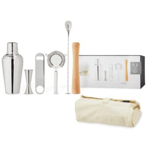 viski travel bartender kit 6pc set, drink mixers for cocktails gift essentials: classic cobbler shaker, hawthorne strainer, bottle opener, jigger, barspoon, muddler & canvas carry bag