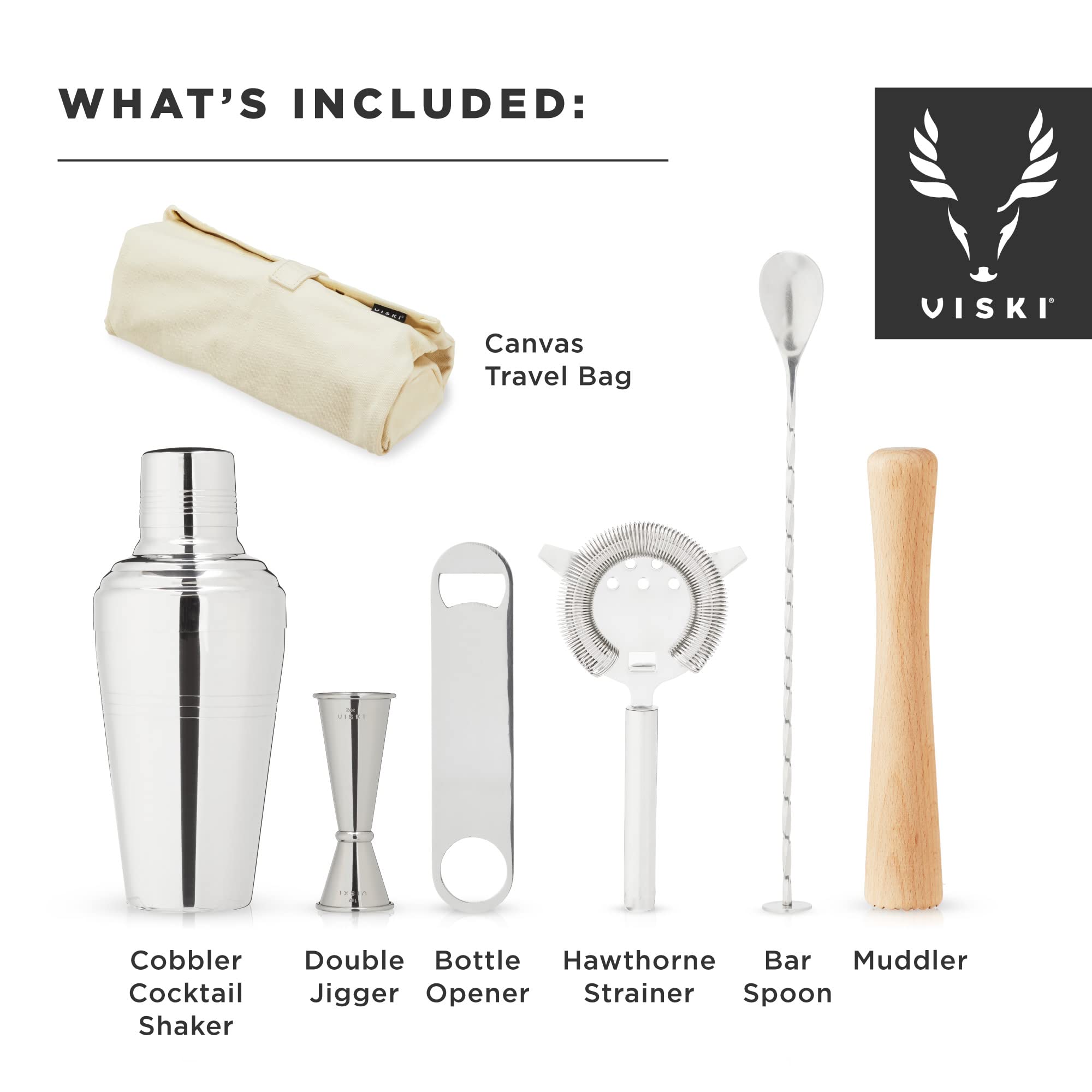 Viski Travel Bartender Kit 6pc Set, Drink Mixers for Cocktails Gift Essentials: Classic Cobbler Shaker, Hawthorne Strainer, Bottle Opener, Jigger, Barspoon, Muddler & Canvas Carry Bag