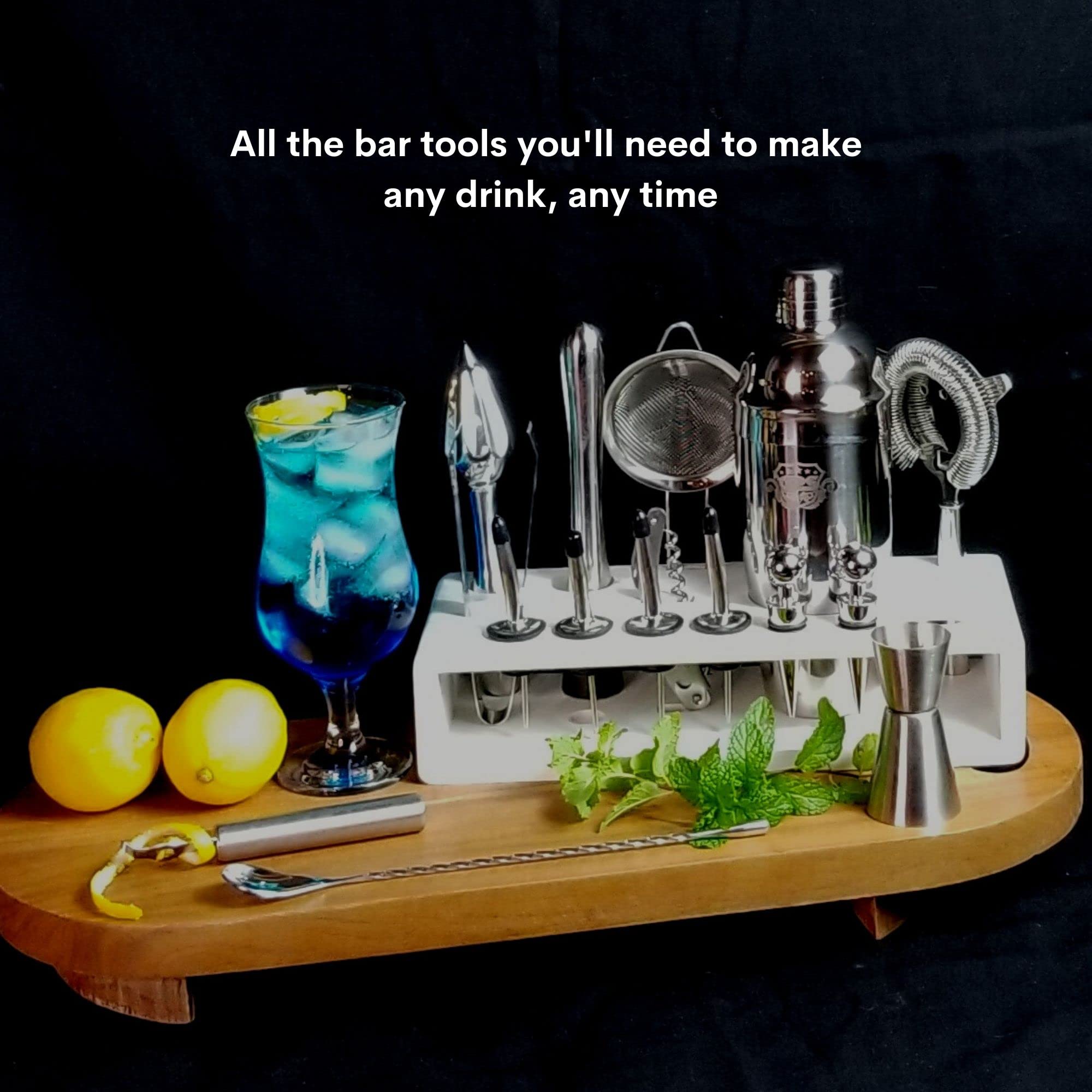 G2S Professional Bartender Kit and Cocktail Shaker Set with Stand - 17 Piece Stainless Steel Home Bar Accessories with Modern Bamboo Stand for Mixology Bartending and Drink Mixing (White)