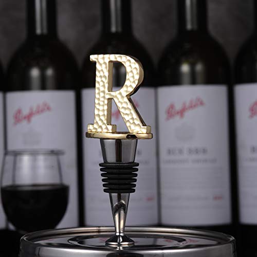 Miicol Initial Letter Wine Stopper, Monogram Hammered Metal, Perfect Wine Gift, Elegance Meets Utility, Wide Used in Kitchen Decor, Bar, Wedding Party, Gold Finish, Letter (A to Z) R