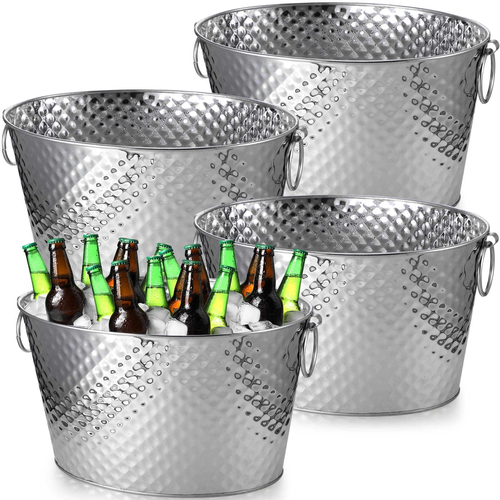 4 Pack Beverage Tub for Parties Drink Ice Bucket Stainless Steel Insulated Beverage Tub Extra Large Metal Silver Buckets Heavy Duty Hammered Drink Bucket with Double Hinged Handle for Parties