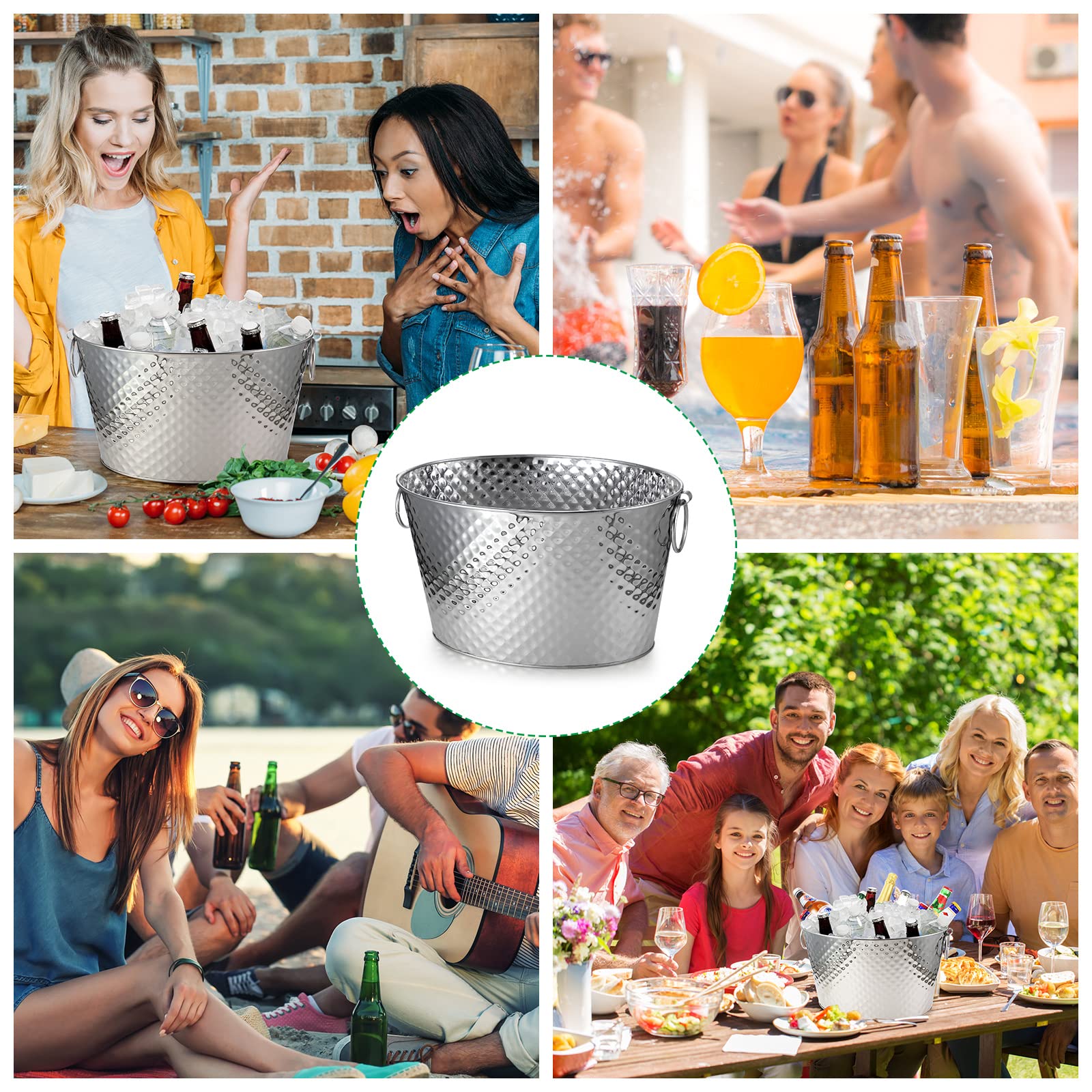 4 Pack Beverage Tub for Parties Drink Ice Bucket Stainless Steel Insulated Beverage Tub Extra Large Metal Silver Buckets Heavy Duty Hammered Drink Bucket with Double Hinged Handle for Parties