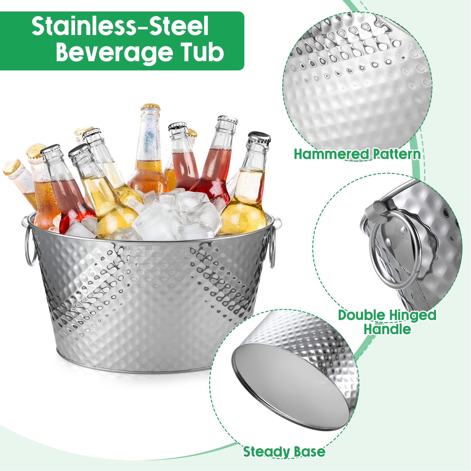 4 Pack Beverage Tub for Parties Drink Ice Bucket Stainless Steel Insulated Beverage Tub Extra Large Metal Silver Buckets Heavy Duty Hammered Drink Bucket with Double Hinged Handle for Parties