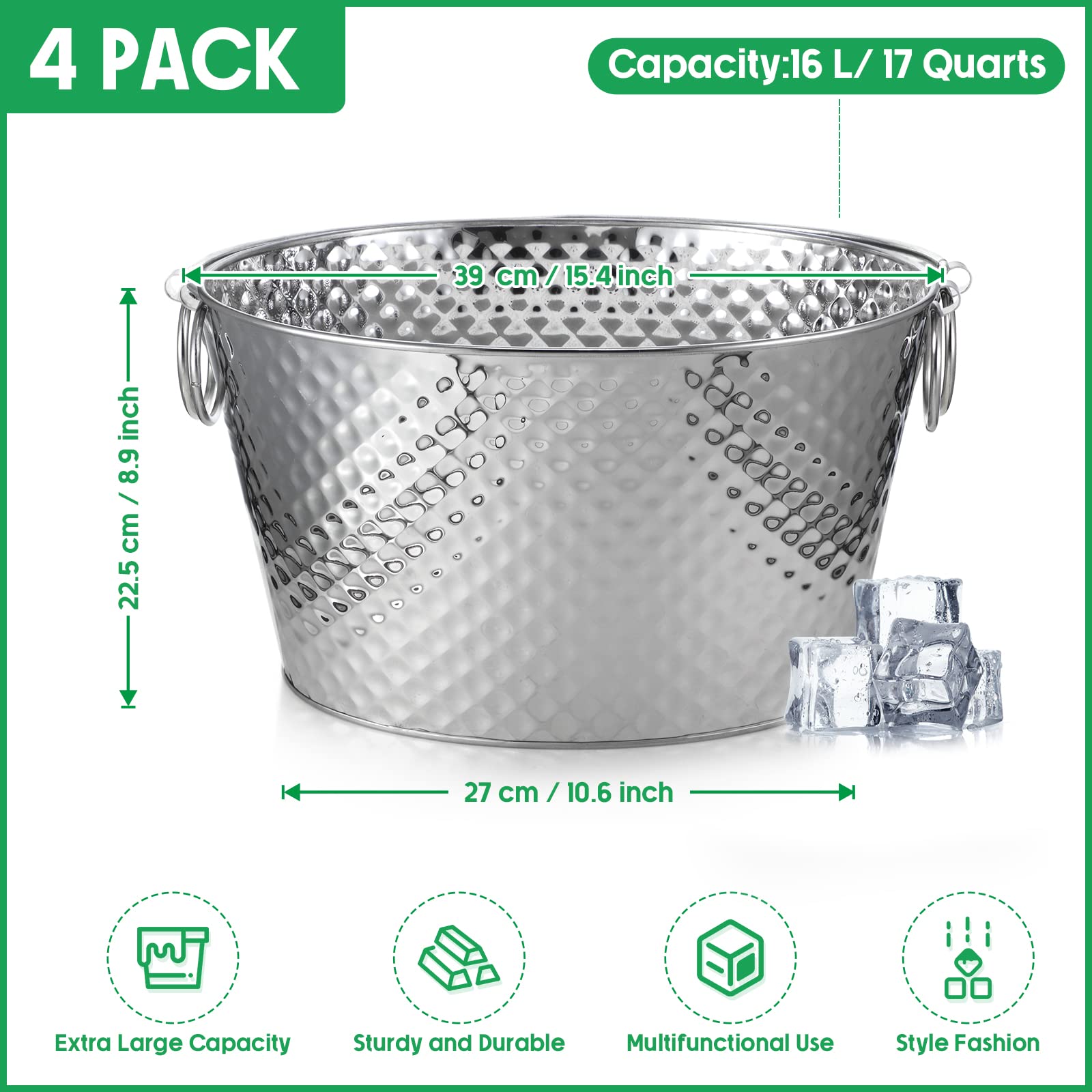 4 Pack Beverage Tub for Parties Drink Ice Bucket Stainless Steel Insulated Beverage Tub Extra Large Metal Silver Buckets Heavy Duty Hammered Drink Bucket with Double Hinged Handle for Parties