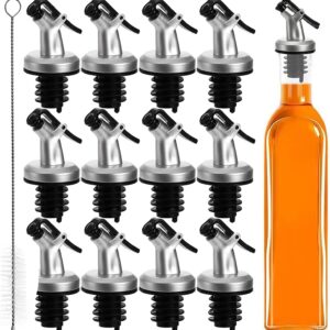 Tebery 12 Pack Olive Oil Pour Spouts Wine Bottle Pourer with 4 Cleaning Brush, Oil Bottle Dispenser Stopper Tapered Liquor Pourers for Olive Oil, Wine, Vinegar, Soy Sauce