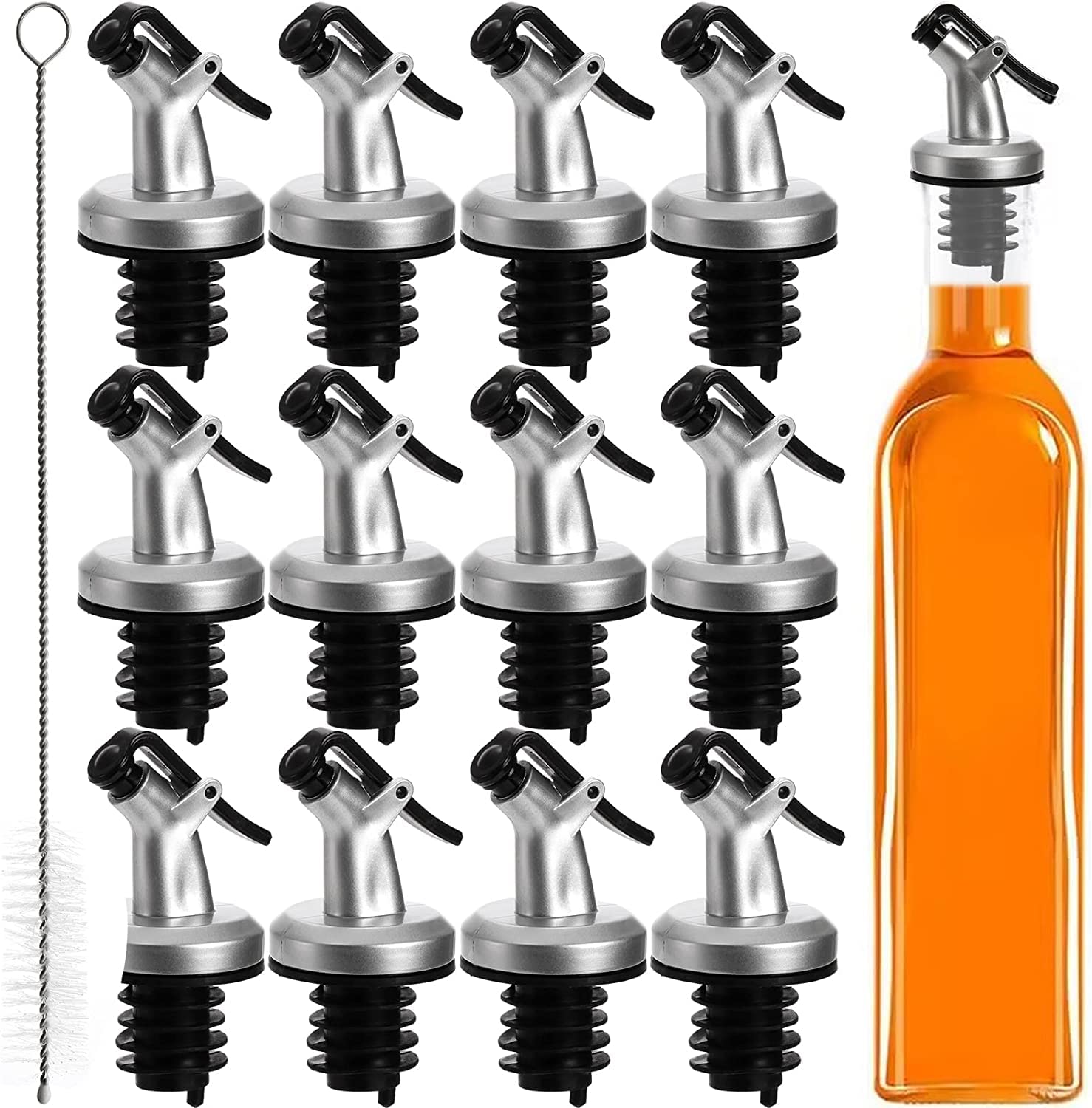 Tebery 12 Pack Olive Oil Pour Spouts Wine Bottle Pourer with 4 Cleaning Brush, Oil Bottle Dispenser Stopper Tapered Liquor Pourers for Olive Oil, Wine, Vinegar, Soy Sauce